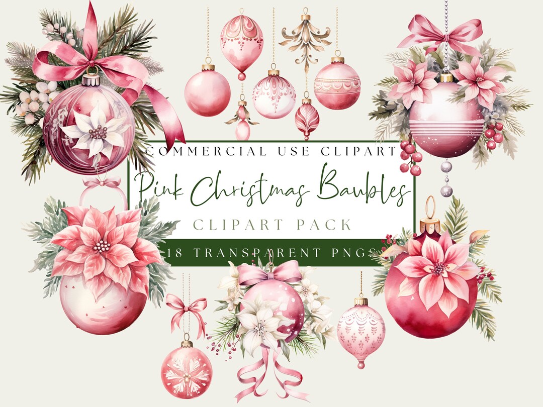 Pink Pastel Christmas Clip Art. Watercolor Xmas Ornaments PNG. Pastel ...