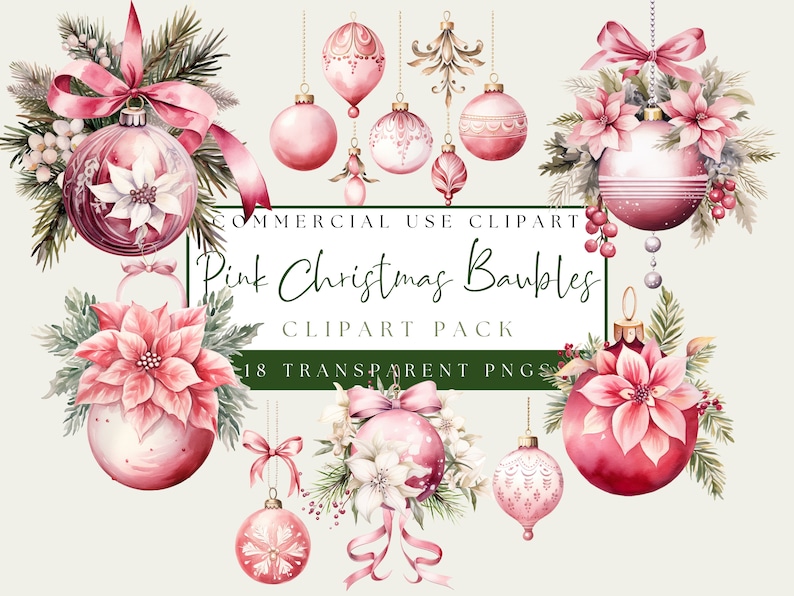 Pink Pastel Christmas Clip Art. Watercolor Xmas Ornaments PNG. - Etsy ...