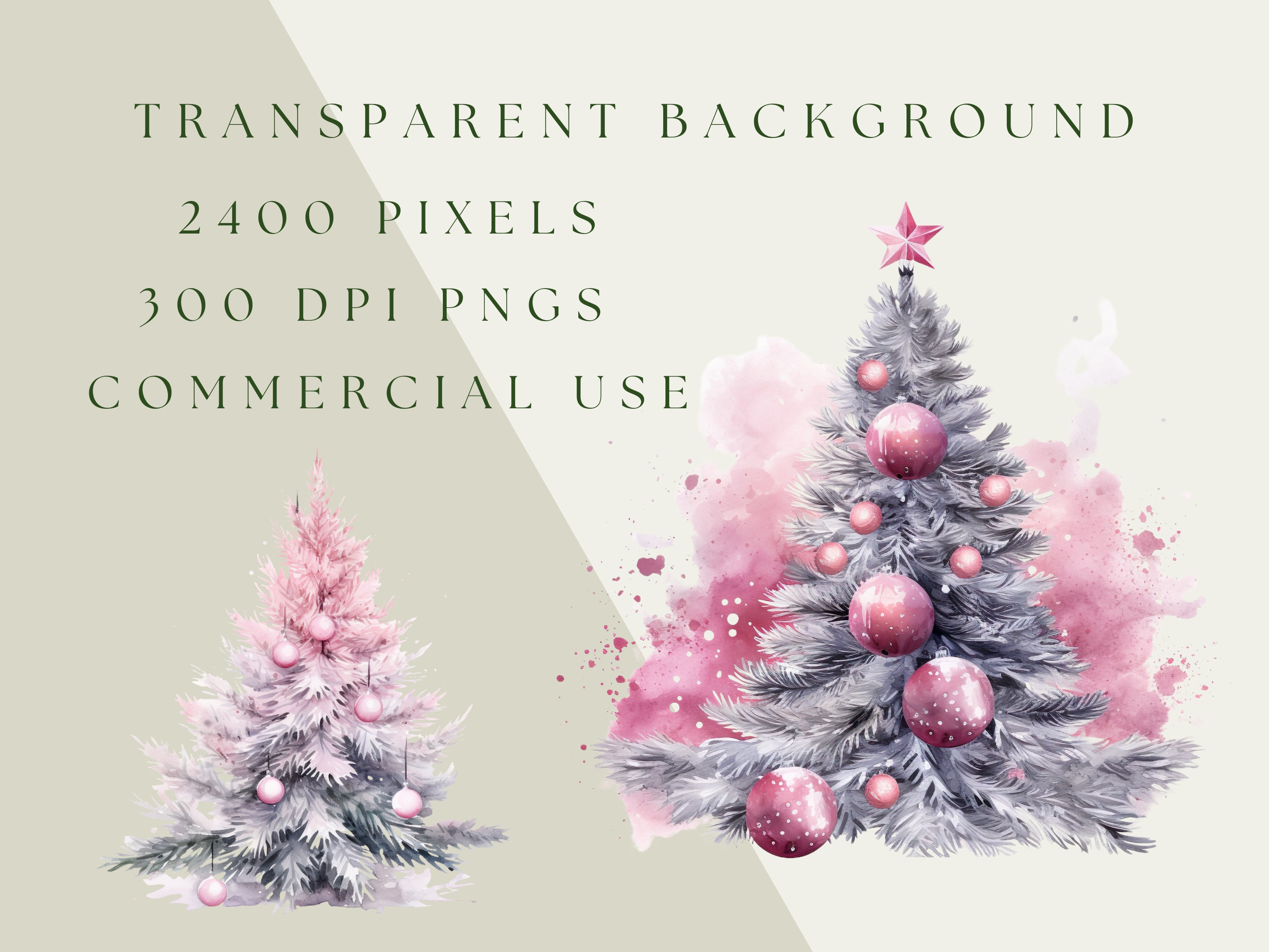 Pink Christmas Tree Clip Art. Pink Watercolor PNG Bundle. Holiday ...