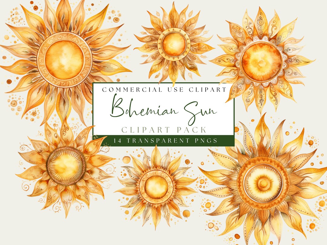 Boho Sun Clipart. Watercolor Bohemian Sunshine Images. Celestial ...