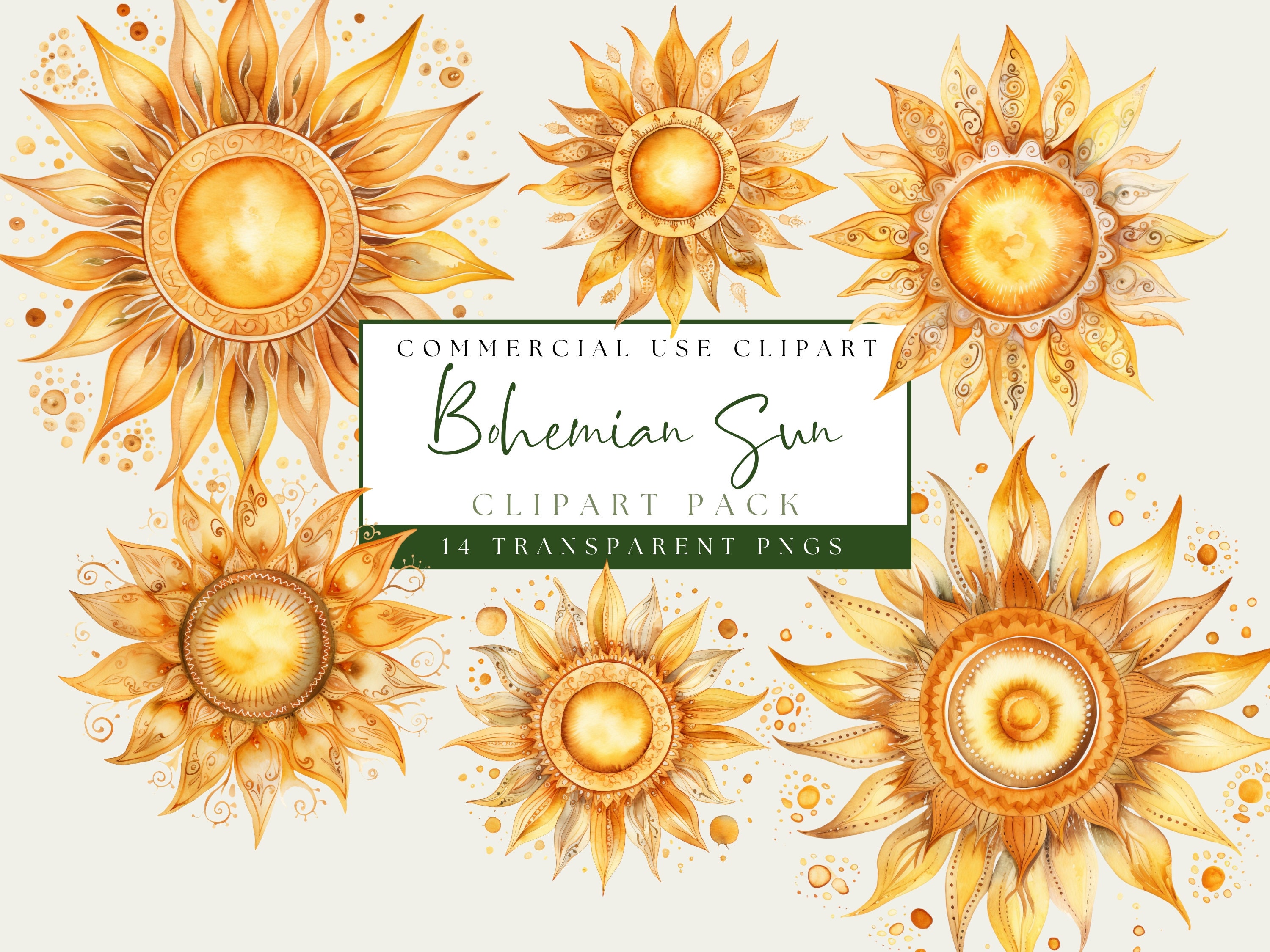 Boho Sun Clipart. Watercolor Bohemian Sunshine Images. Celestial ...