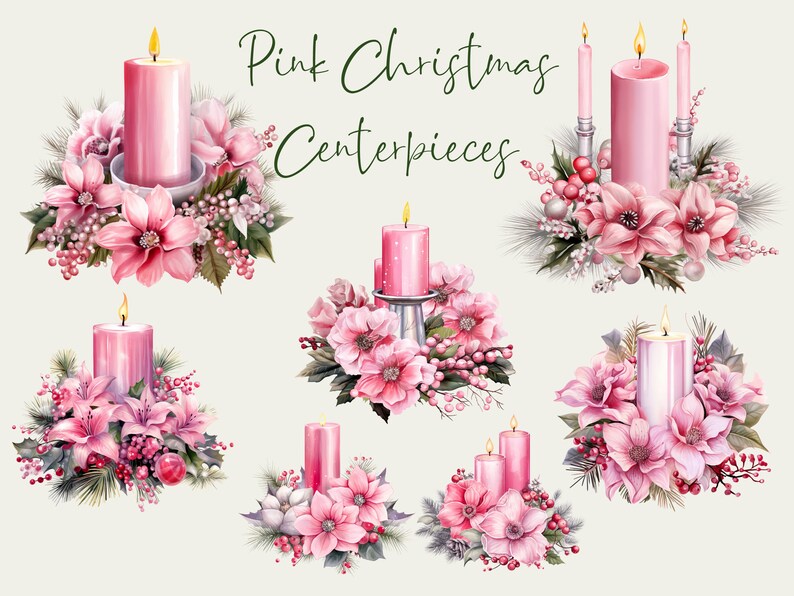 Pink Christmas Greenery Clip Art. Pastel Watercolor PNG Bundle. Candy ...