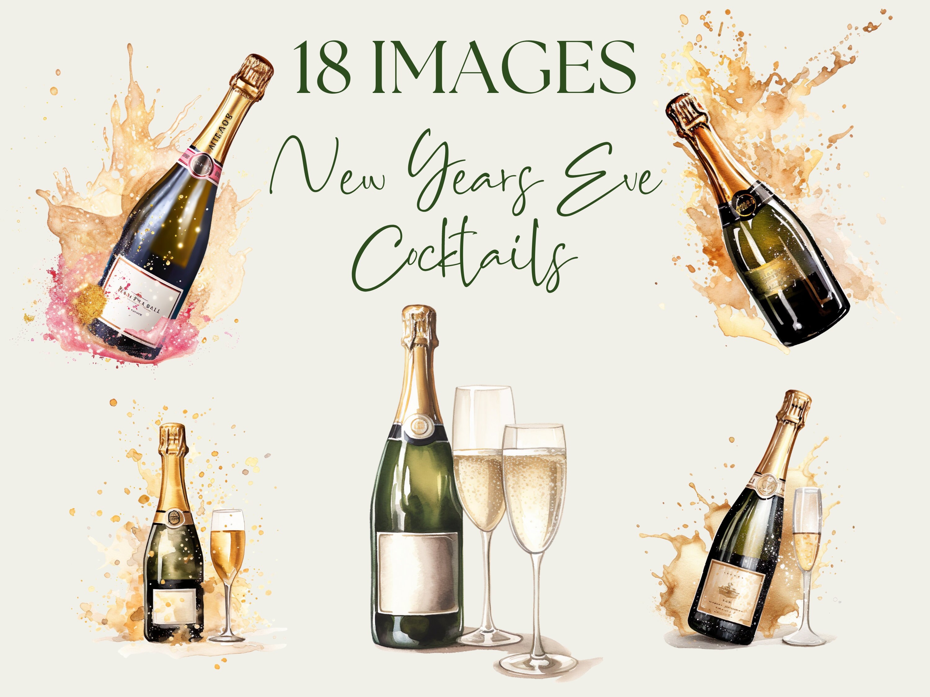 New Years Eve Cocktail Clip Art. Champagne Flutes & Bottles. Holiday ...
