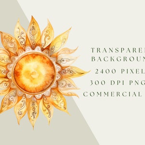 Boho Sun Clipart. Watercolor Bohemian Sunshine Images. Celestial ...