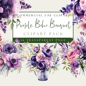 Purple Boho Bouquet Clipart. Watercolor Florals. Bohemian Lilac Flowers ...