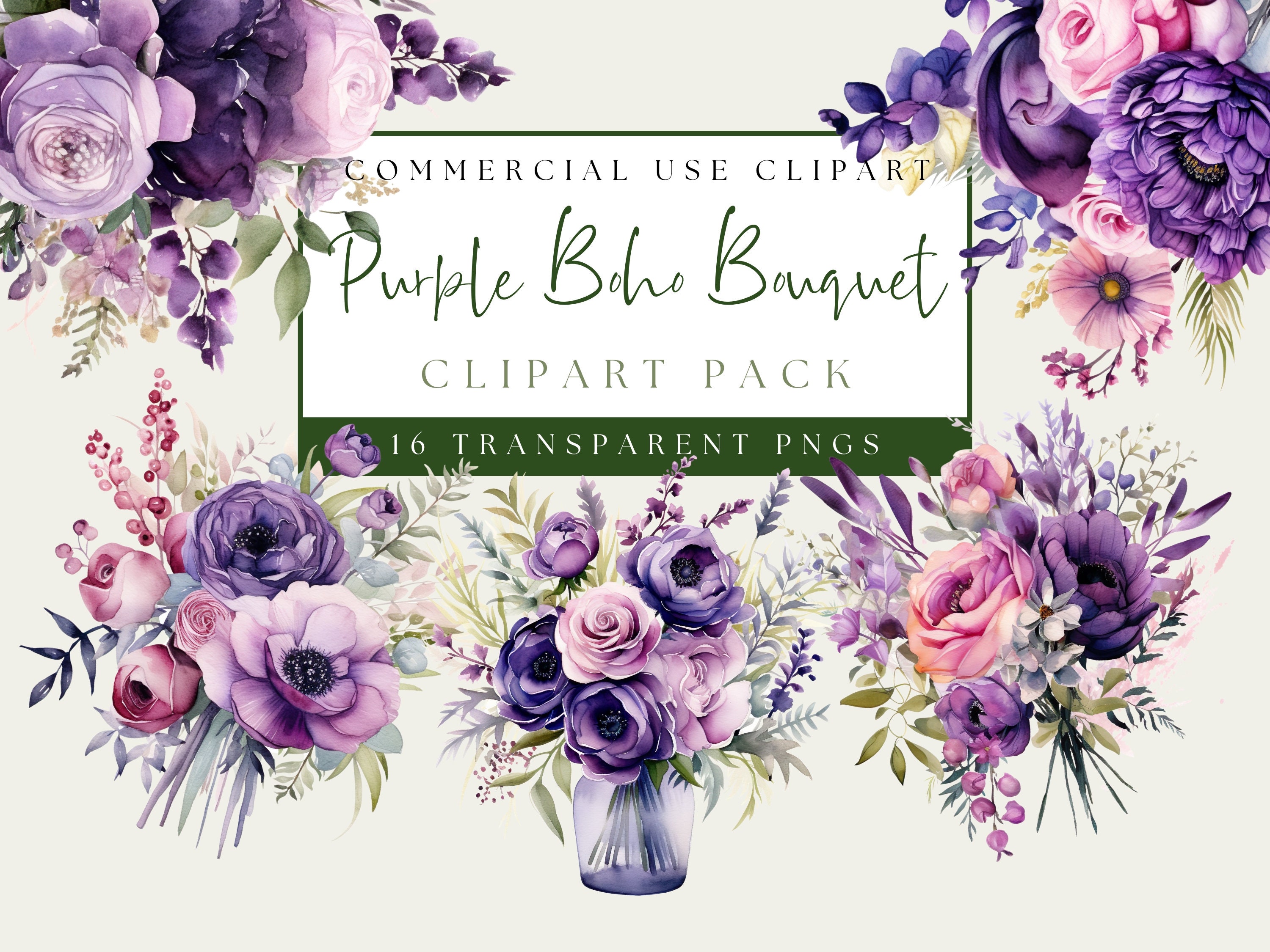 Purple Boho Bouquet Clipart. Watercolor Florals. Bohemian Lilac Flowers ...