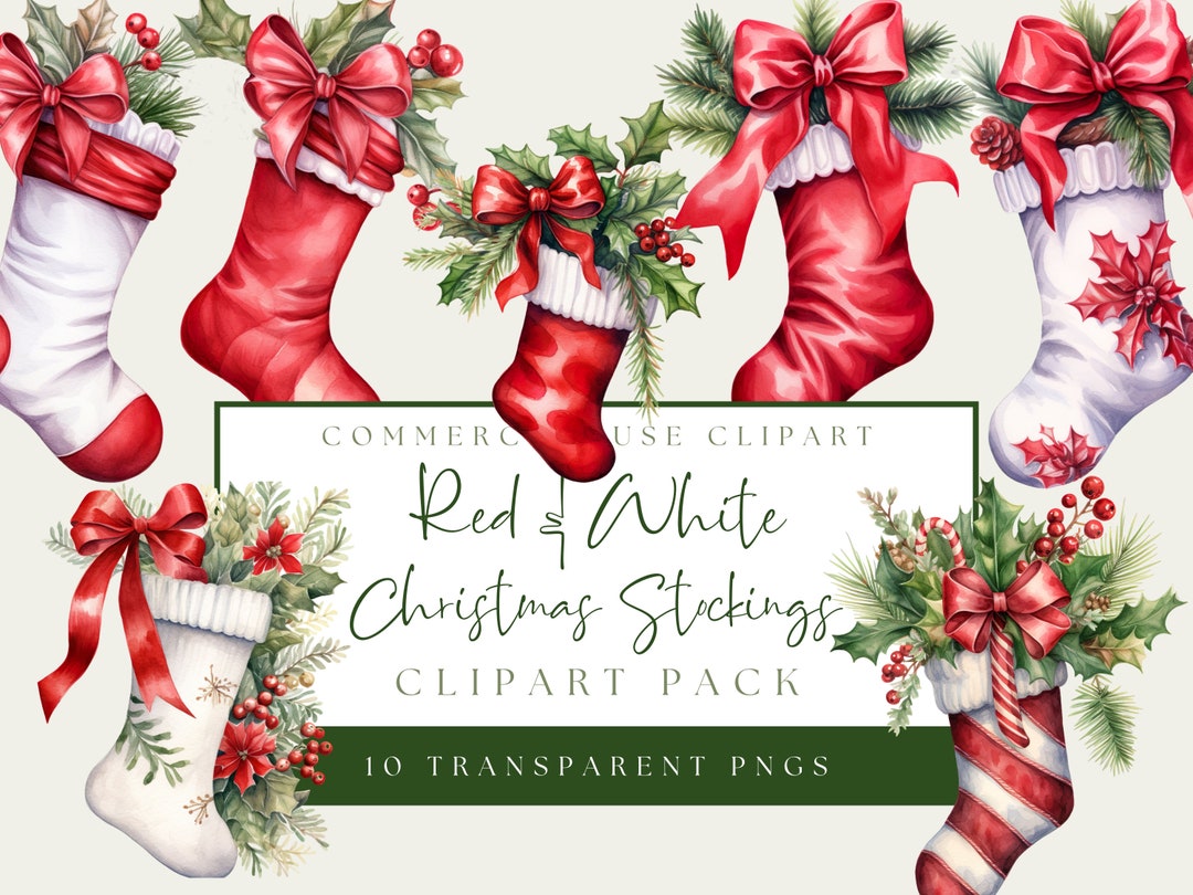 Christmas Stockings Clipart. Watercolor Red and White Xmas PNG. Holiday ...
