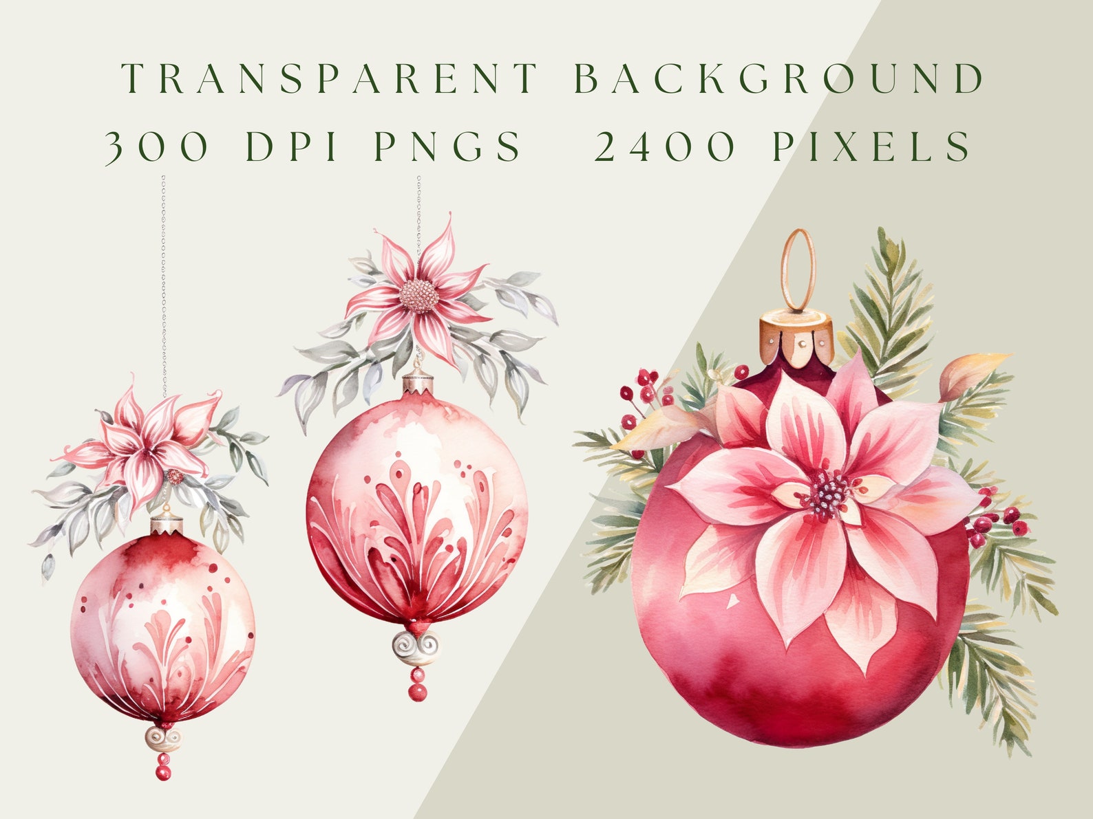 Pink Pastel Christmas Clip Art. Watercolor Xmas Ornaments PNG. Pastel ...