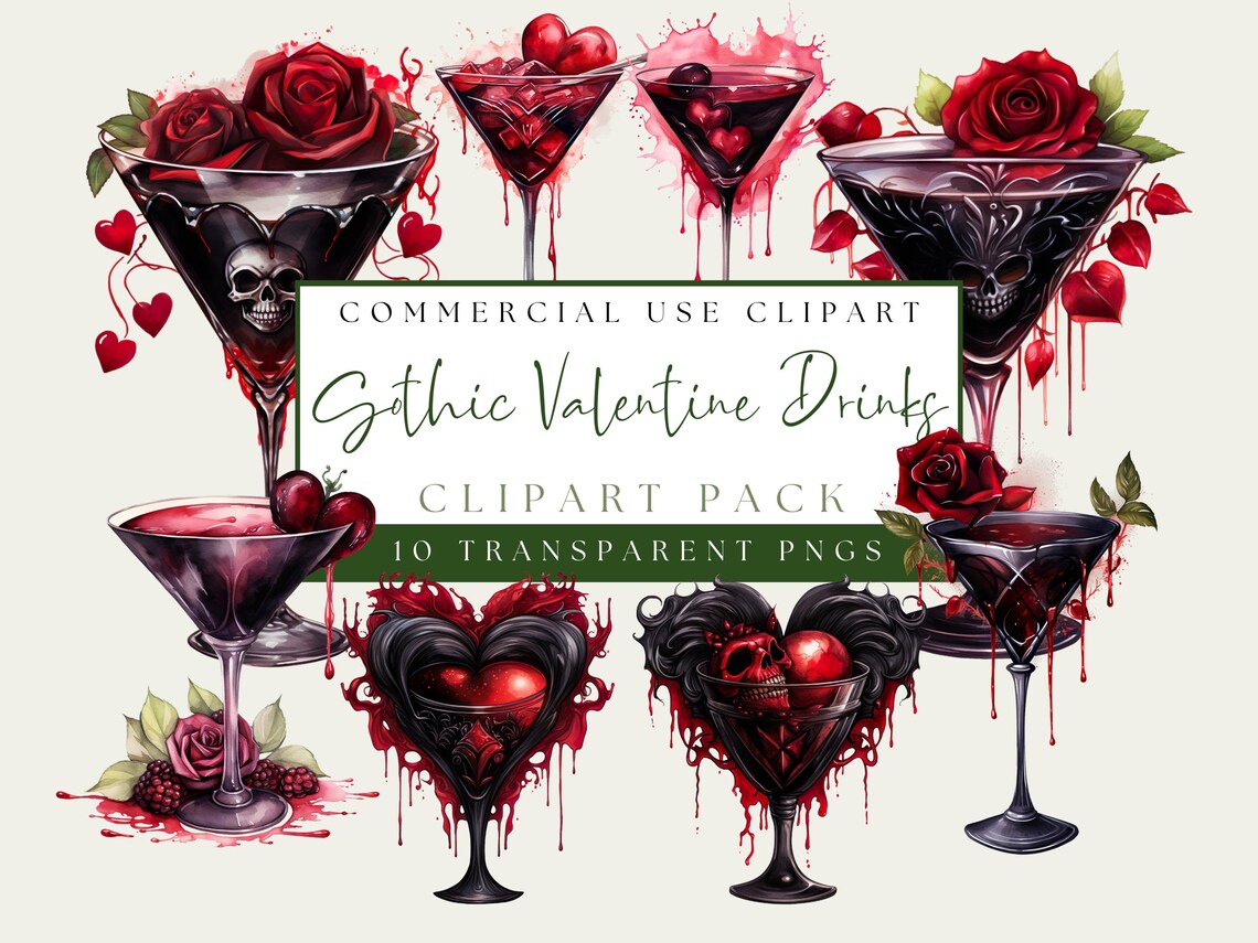 Gothic Valentine Drinks Clipart. Dark Cocktails Bundle. Black Beverage ...