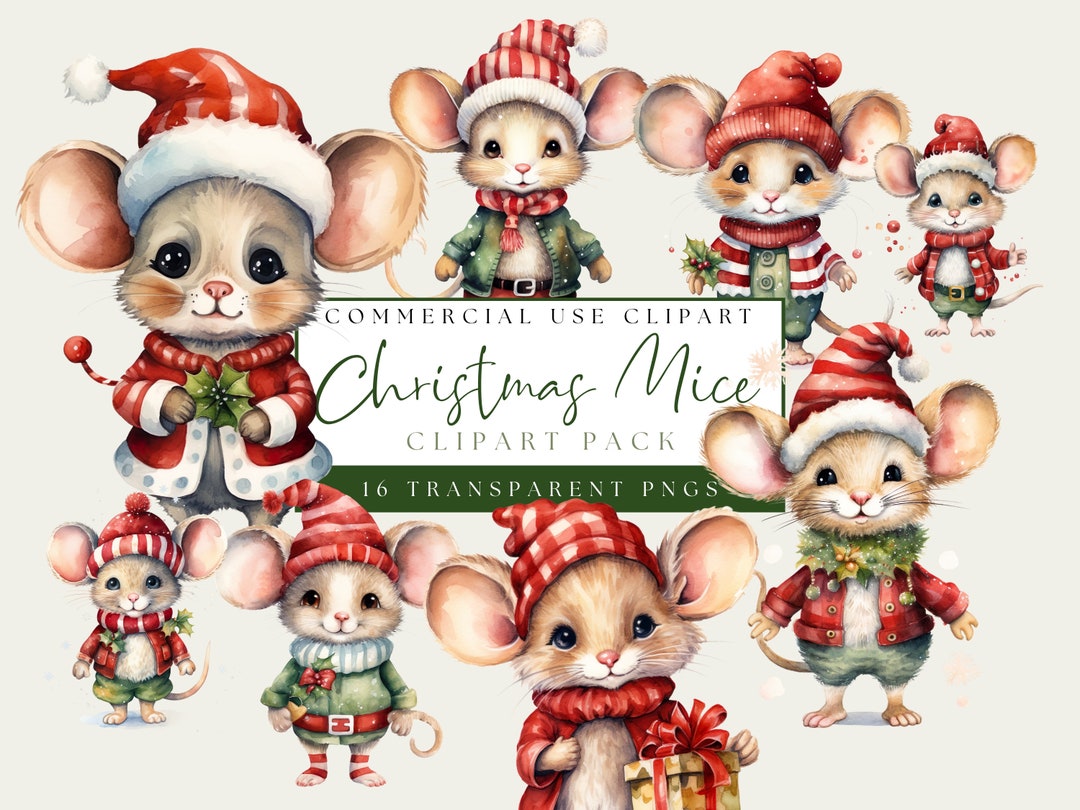 Christmas Mouse Clip Art. Watercolor Holiday Design PNG. Commercial Use ...