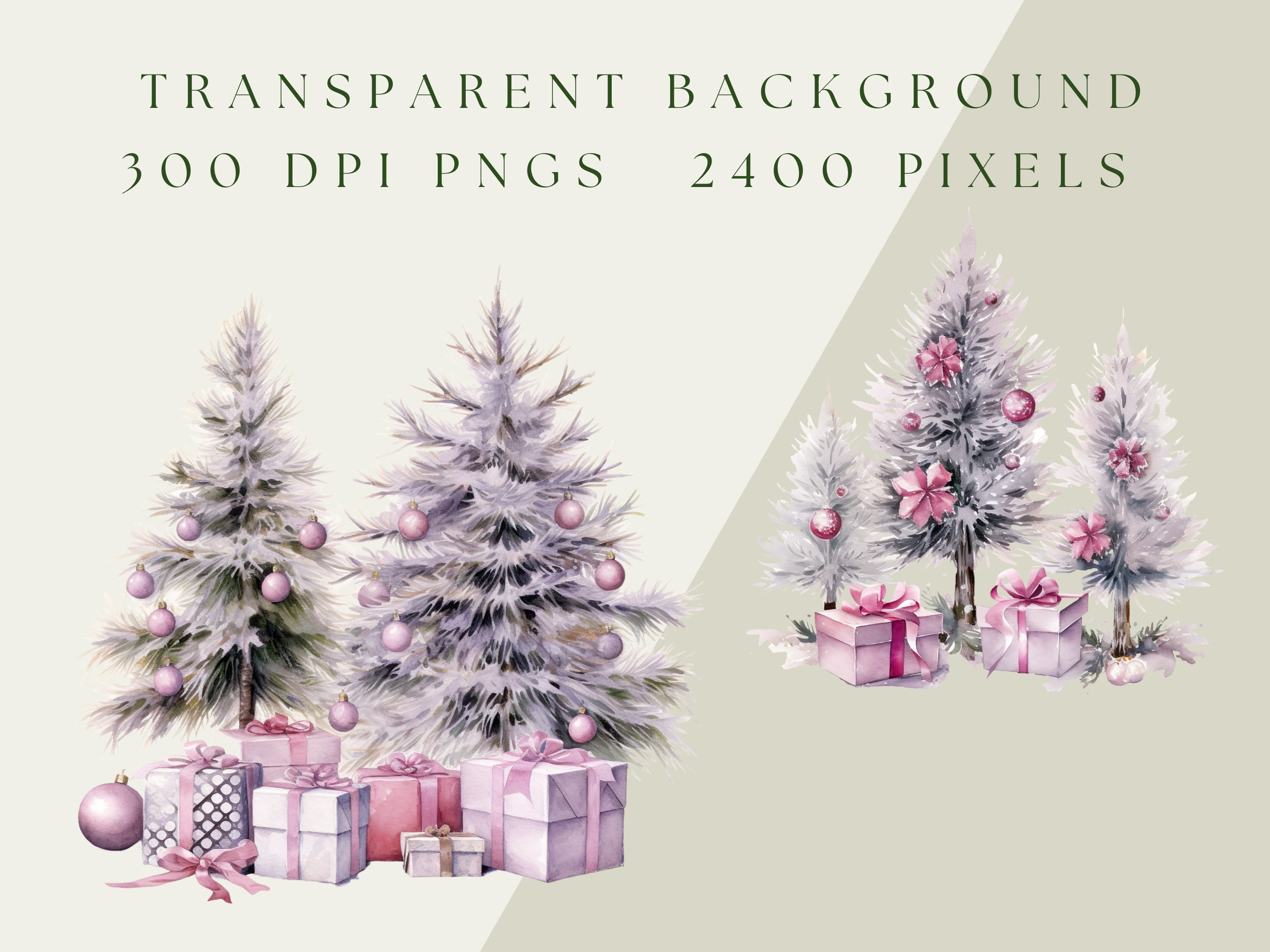 Pink Christmas Tree Clip Art. Pink Watercolor PNG Bundle. Holiday ...