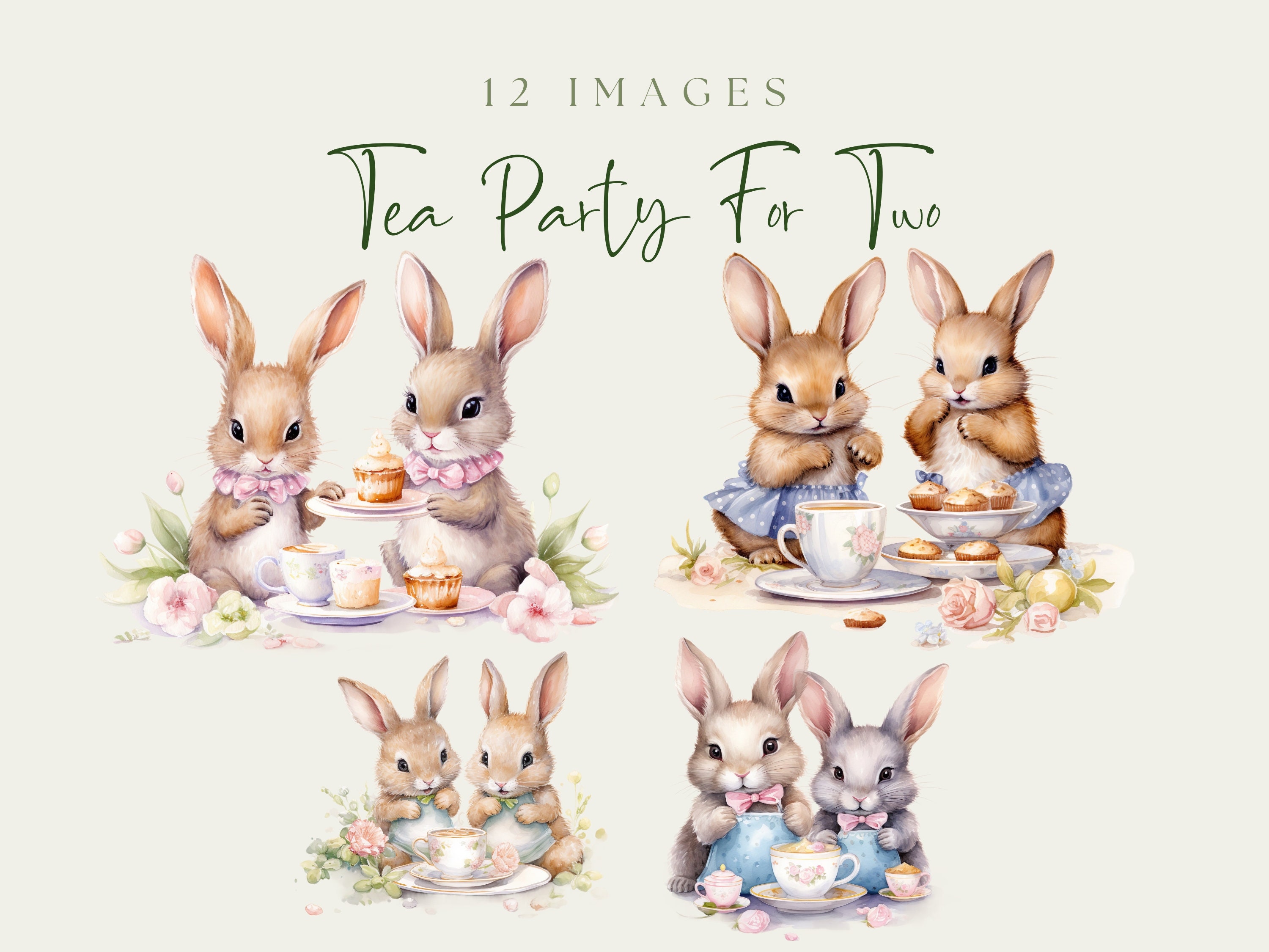 Bunny Easter Tea Party Clipart. Cute Spring Baby Bunnies Having Tea ...