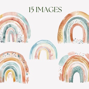 Neutral Boho Rainbow Clipart. Pastel Nursery Clip Art Pack. Watercolor ...
