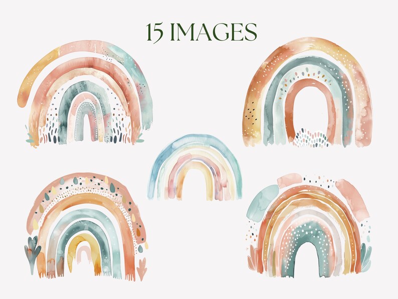 Neutral Boho Rainbow Clipart. Pastel Nursery Clip Art Pack. Watercolor ...