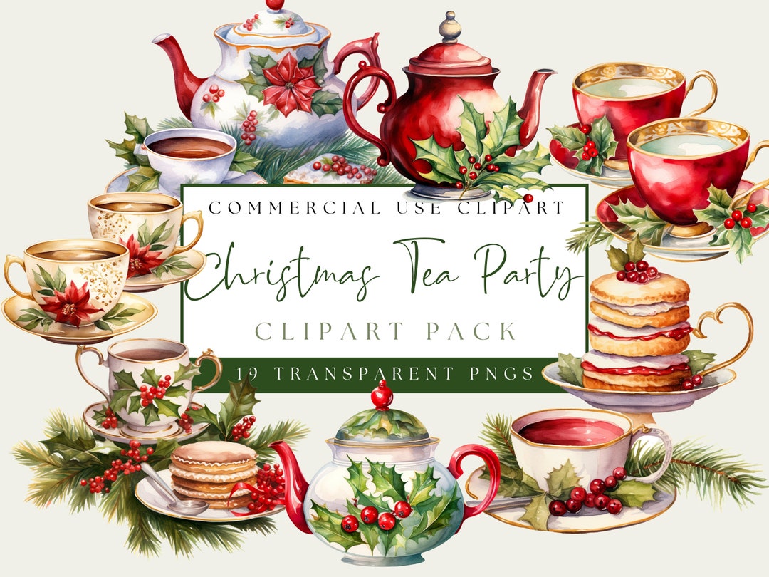 Christmas Tea Party Clip Art. Winter Holiday Tea Cups. Xmas Tea Pot PNG ...