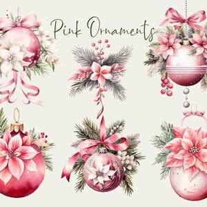 Pink Pastel Christmas Clip Art. Watercolor Xmas Ornaments PNG. Pastel ...