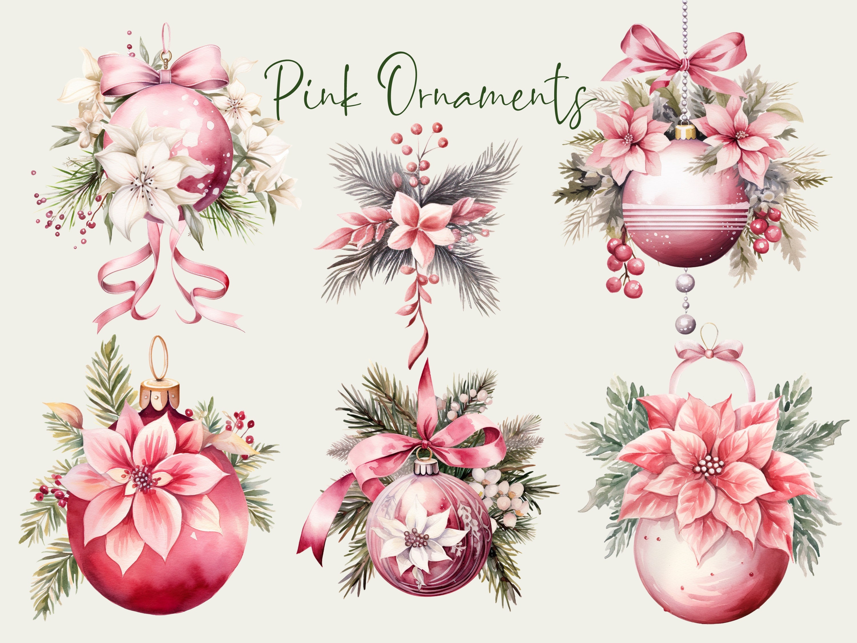 Pink Pastel Christmas Clip Art. Watercolor Xmas Ornaments PNG. - Etsy ...