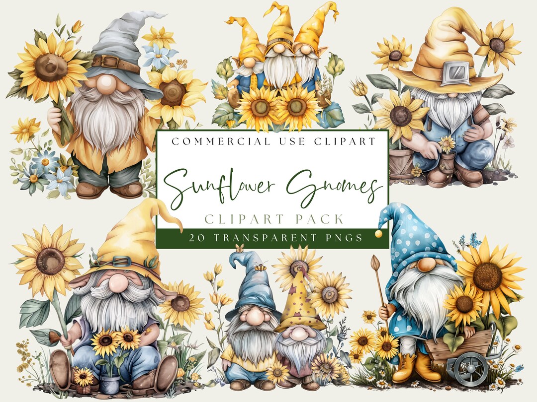 Sunflower Gnome Clipart Bundle. Watercolor Spring Garden Gnome PNG ...