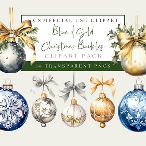 Blue and Gold Xmas Baubles PNG. Watercolor Christmas Ornaments Clip Art ...
