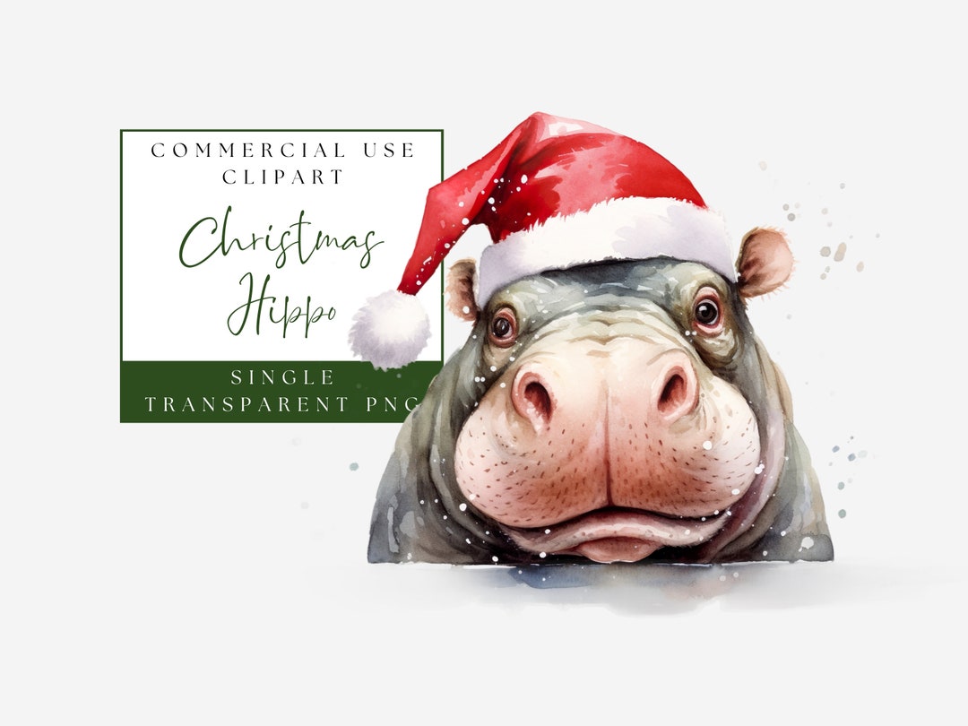 Christmas Hippo Clipart. Watercolor Cute Xmas Hippopotamus Image ...