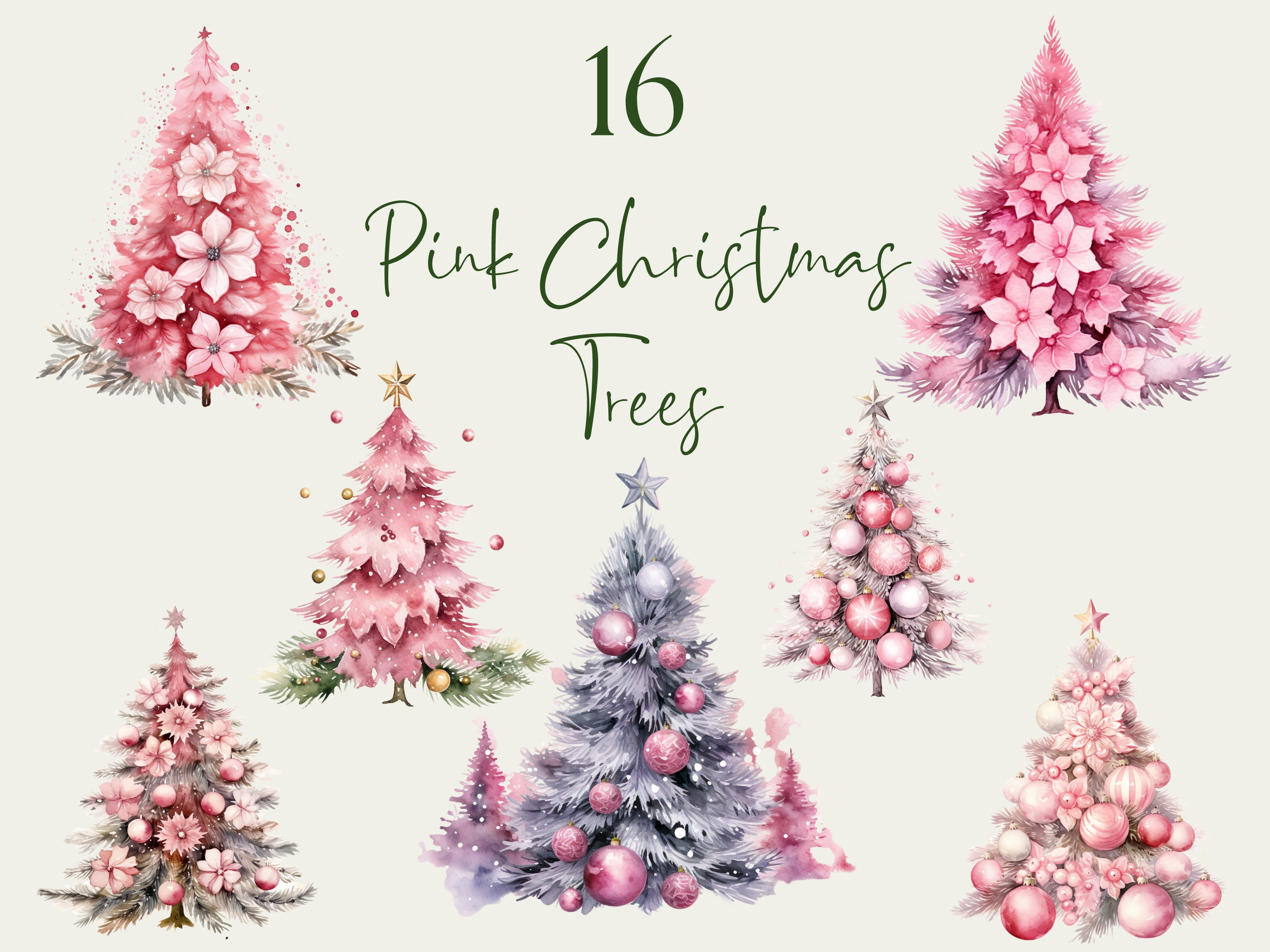 Pink Christmas Tree Clip Art. Pink Watercolor PNG Bundle. Holiday ...