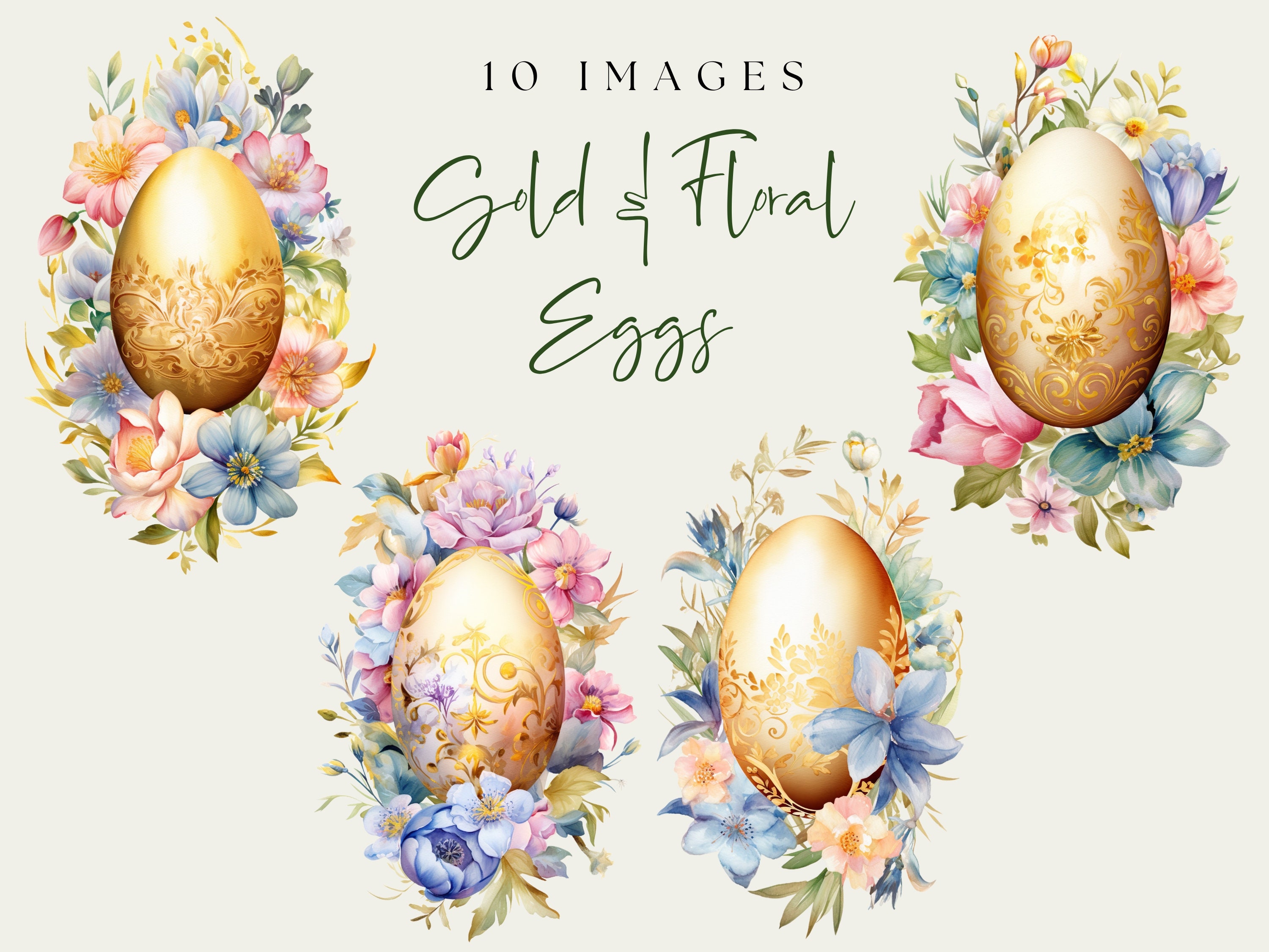 Golden Easter Egg Clipart. Watercolor Gold and Floral Eggs. Transparent ...
