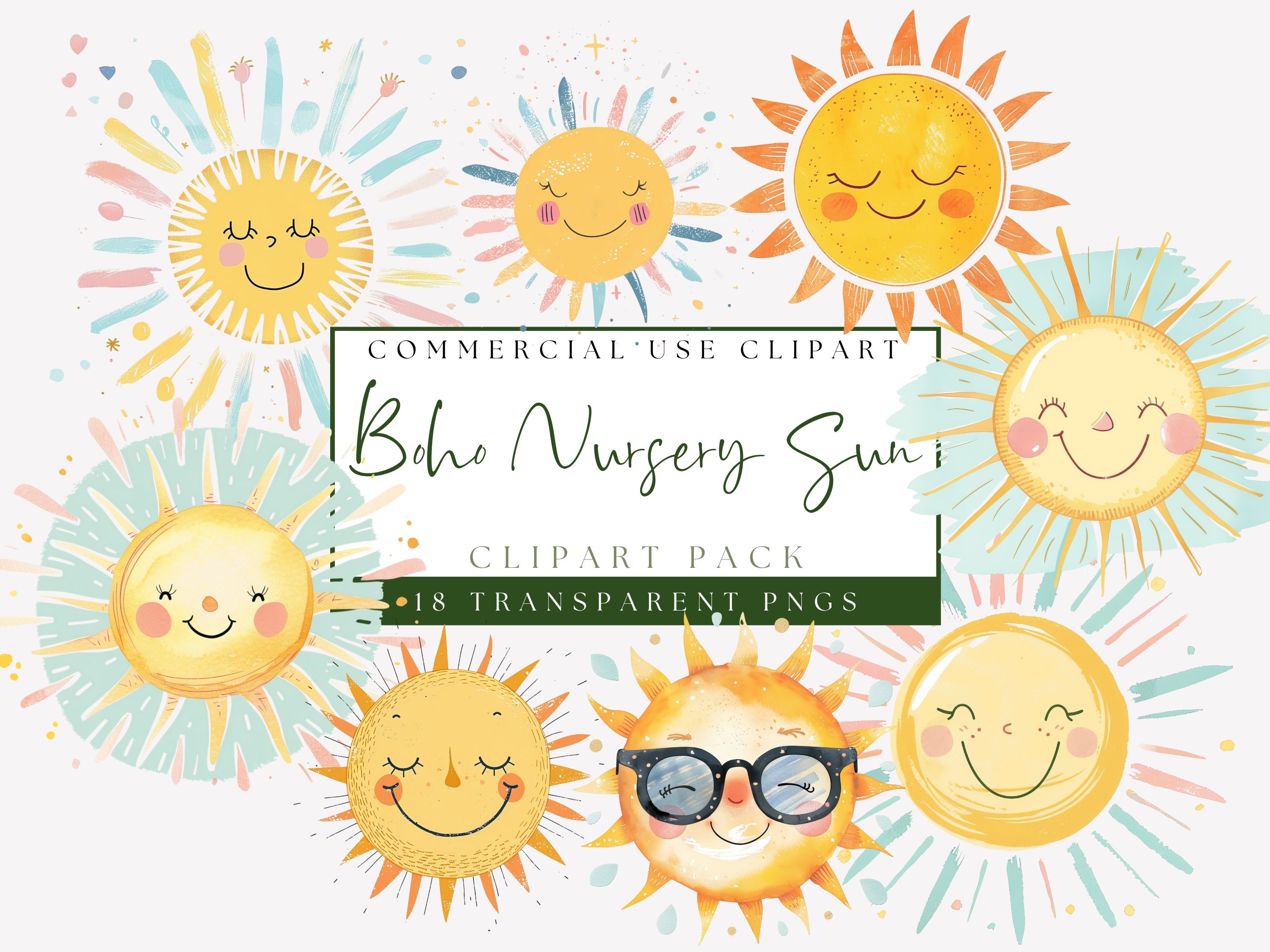 Cute Sun Clipart. Watercolor Cute Sunshine. Boho Suns. Pastel Nursery ...