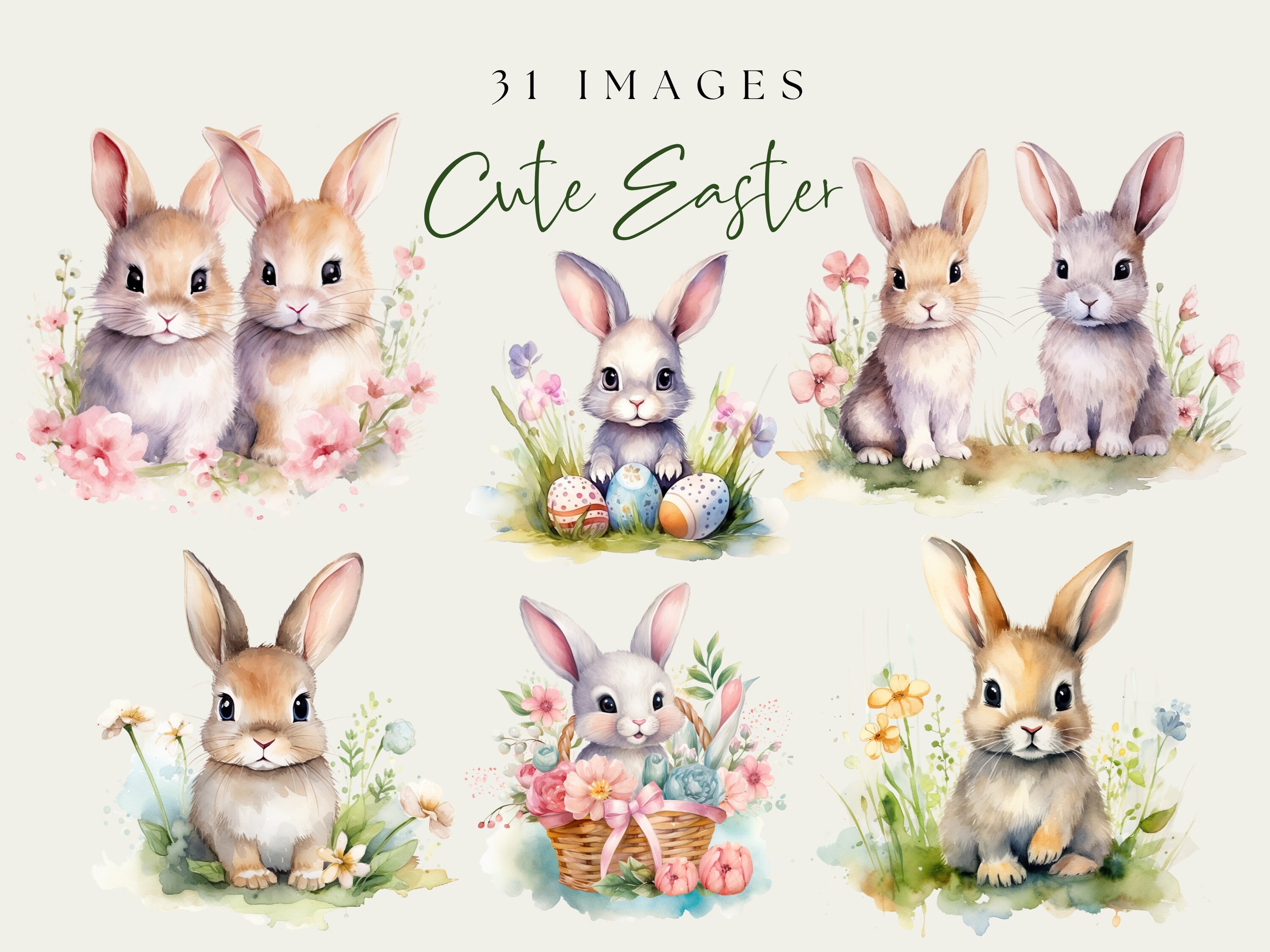 Watercolor Easter Clipart. Spring Bundle. Cute Baby Animal PNG. Bunny ...