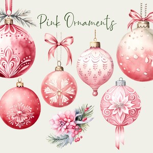 Pink Pastel Christmas Clip Art. Watercolor Xmas Ornaments PNG. Pastel ...