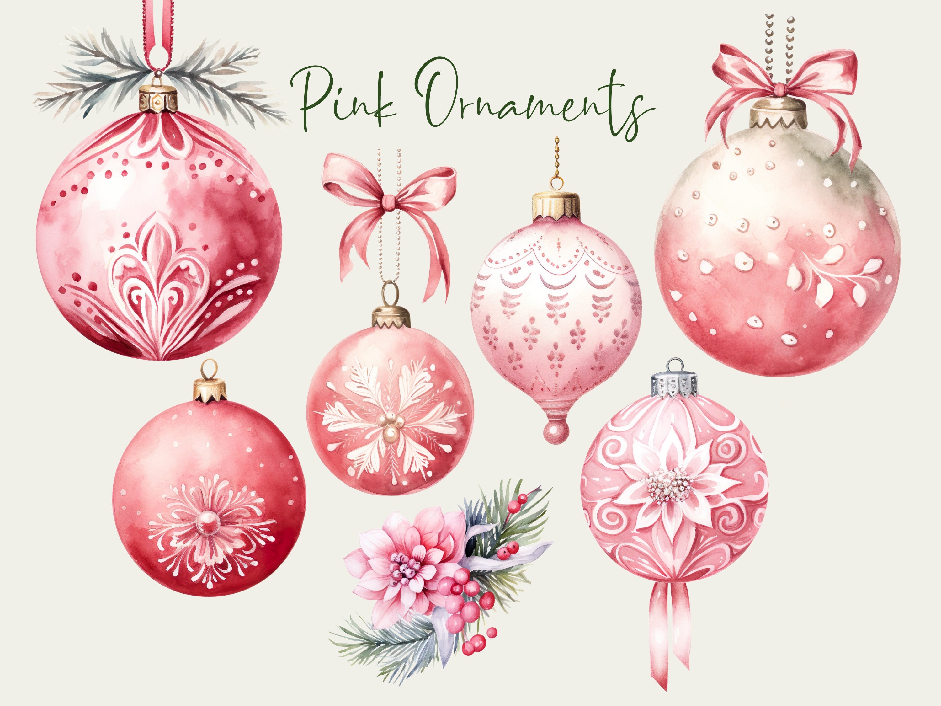 Pink Pastel Christmas Clip Art. Watercolor Xmas Ornaments PNG. - Etsy ...