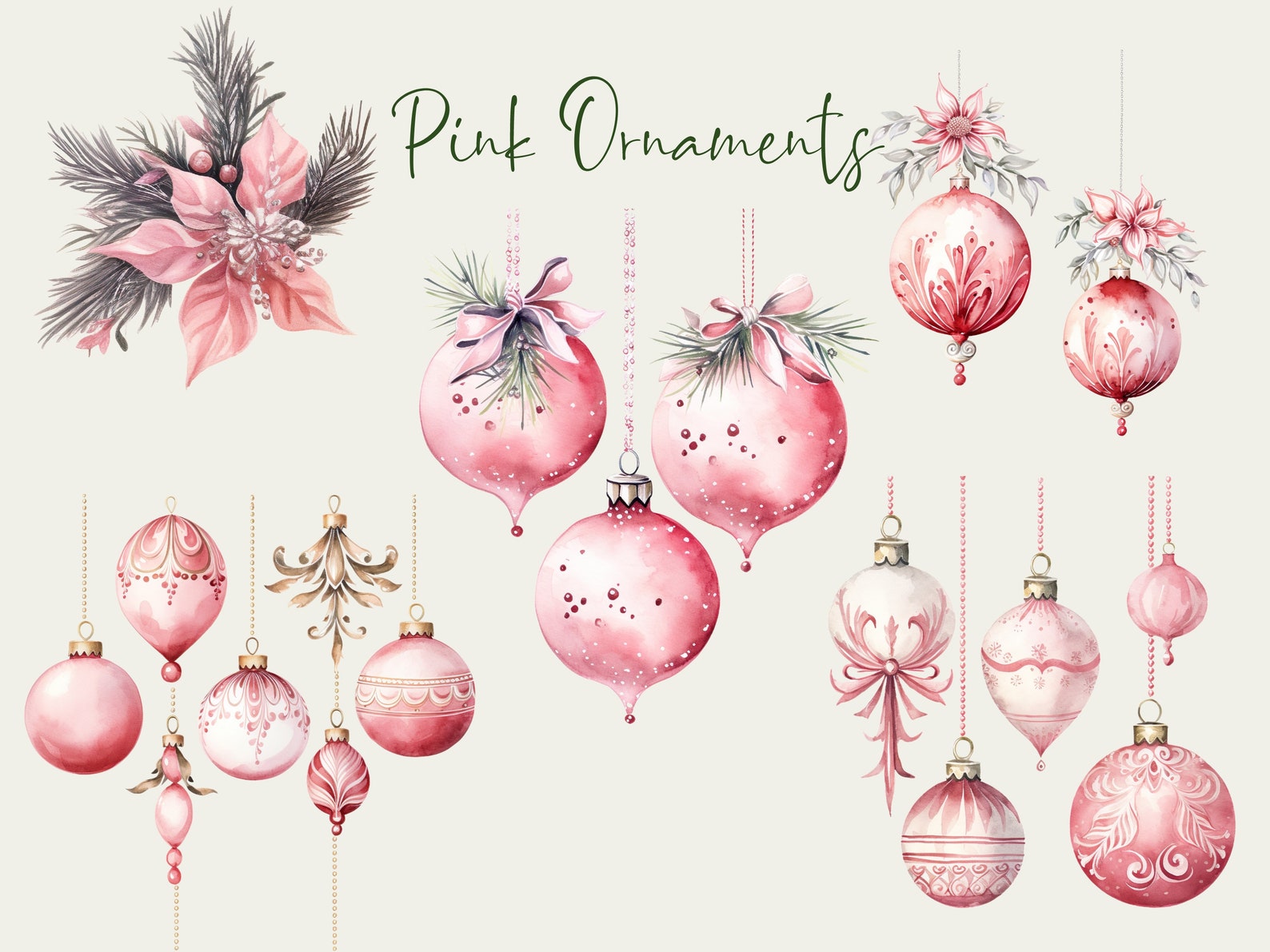 Pink Pastel Christmas Clip Art. Watercolor Xmas Ornaments PNG. Pastel ...