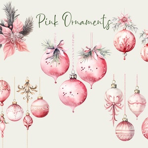 Pink Pastel Christmas Clip Art. Watercolor Xmas Ornaments PNG. Pastel ...