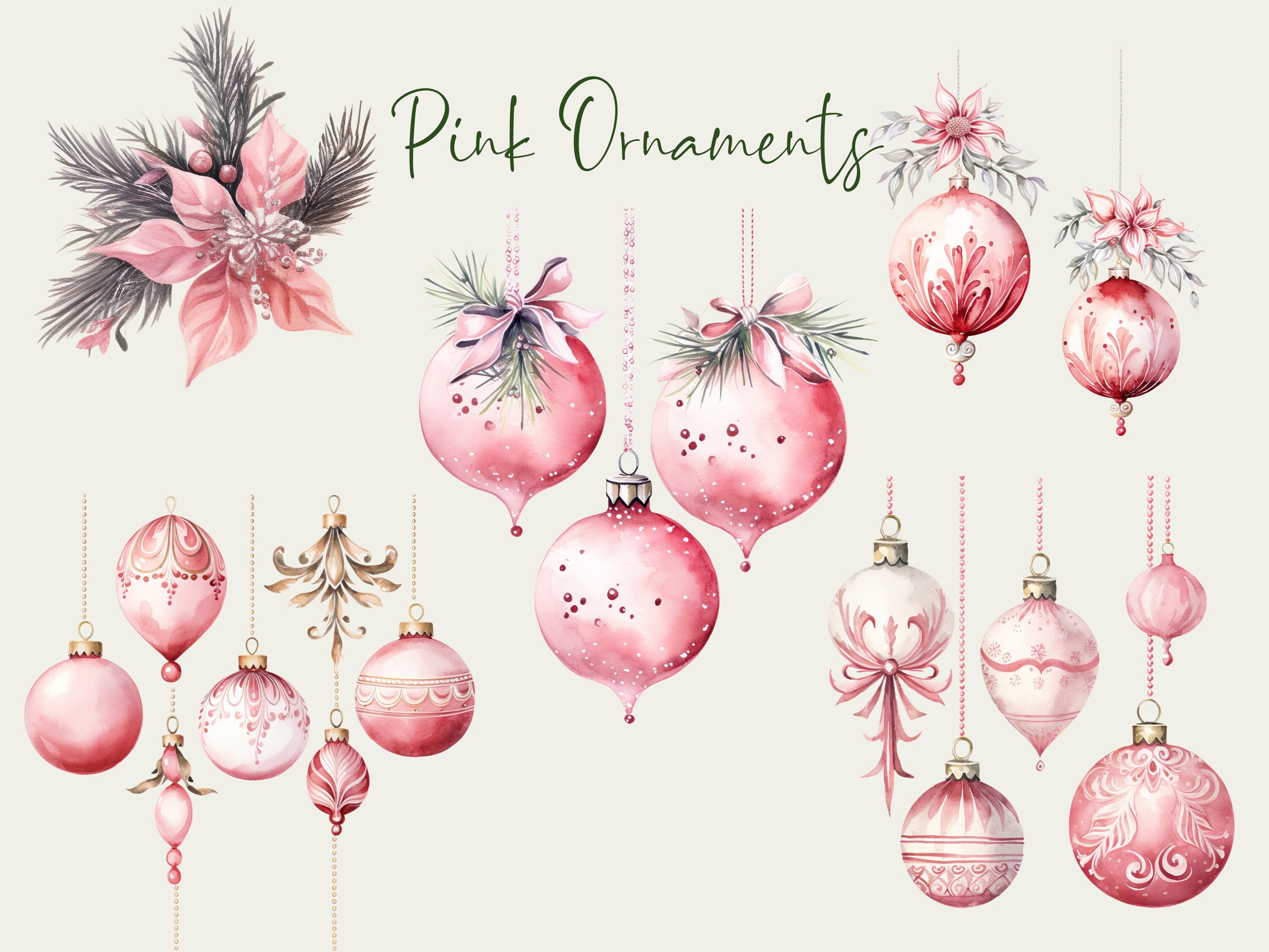 Pink Pastel Christmas Clip Art. Watercolor Xmas Ornaments PNG. - Etsy ...