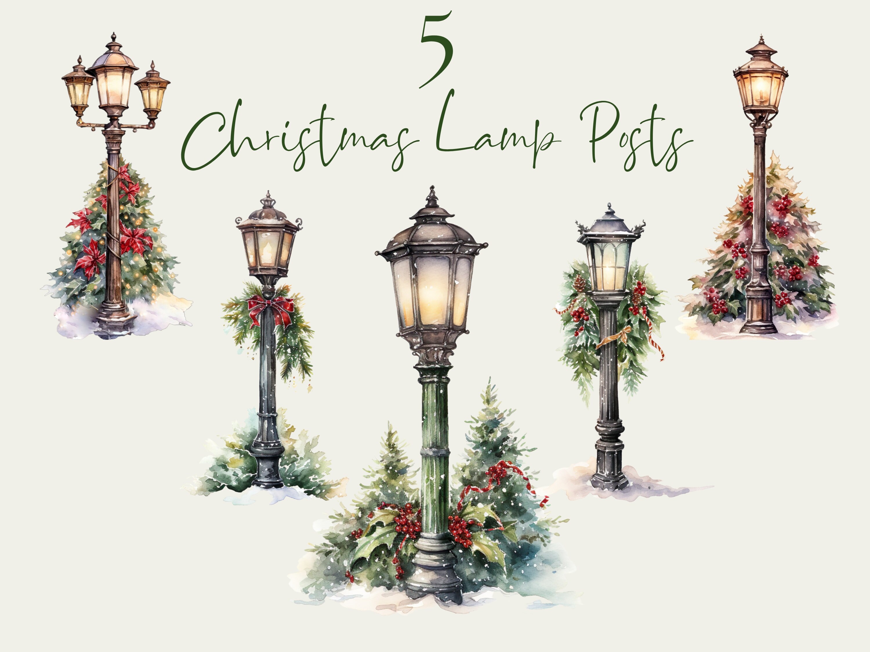 Christmas Lantern Clip Art. Watercolor Winter PNG. Xmas Lamp Post Image ...