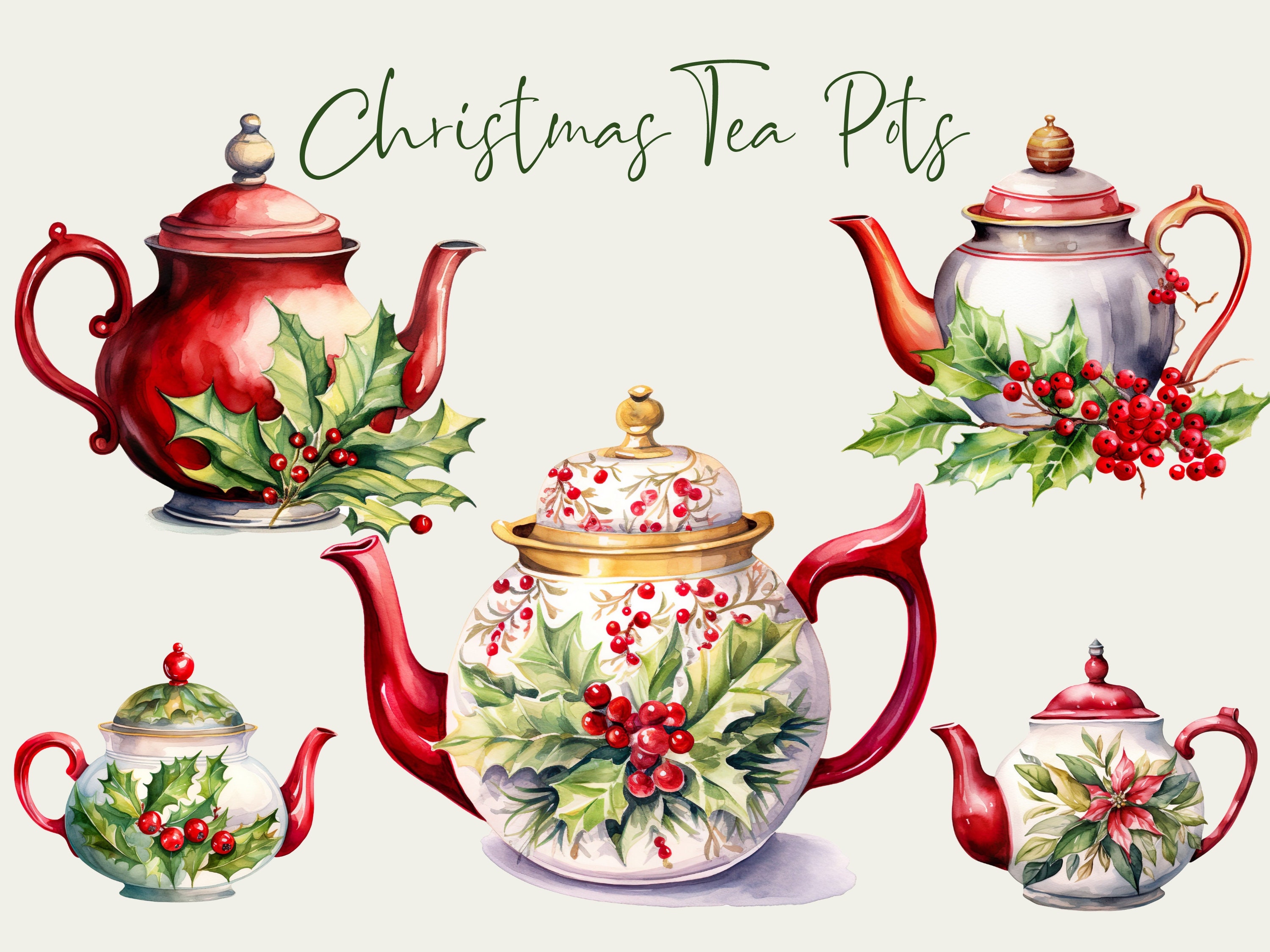 Christmas Tea Party Clip Art. Winter Holiday Tea Cups. Xmas Tea Pot PNG ...
