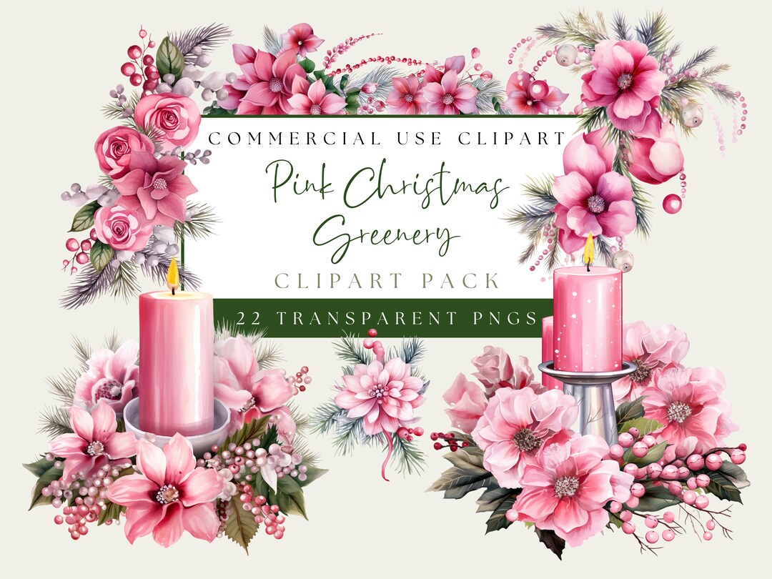Pink Christmas Greenery Clip Art. Pastel Watercolor PNG Bundle. Candy ...