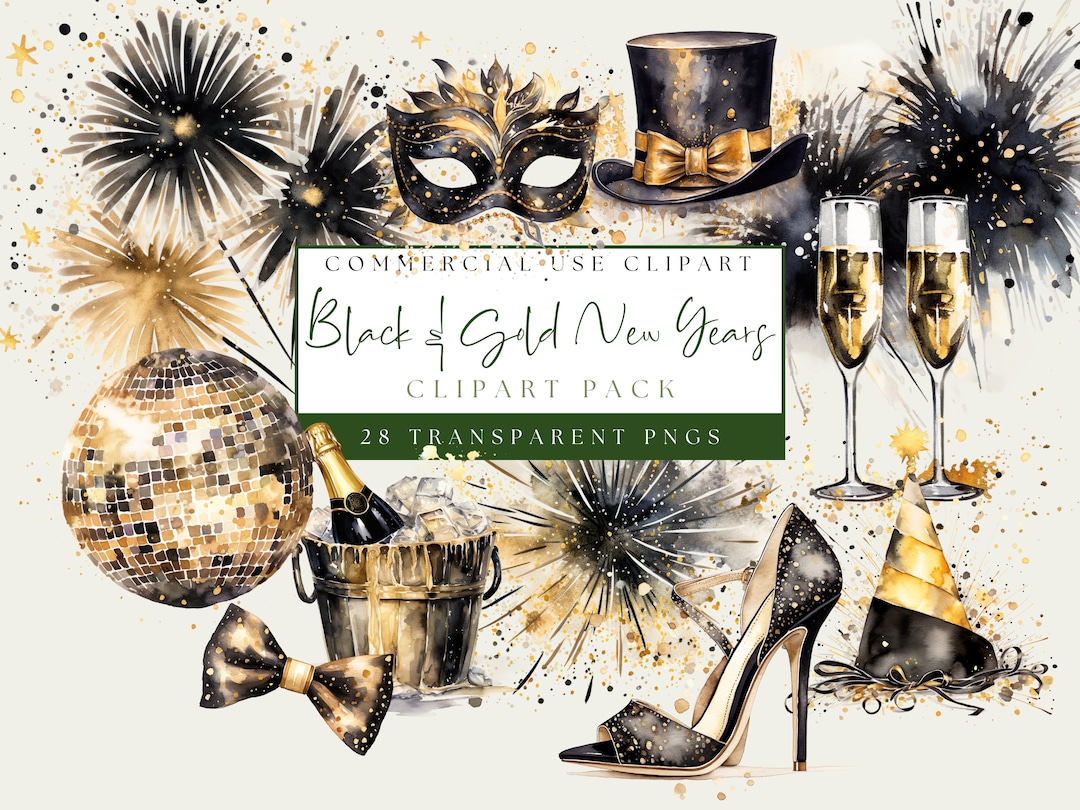 New Years Eve Clip Art. Champagne Flutes & Bottles. Black Gold PNG ...