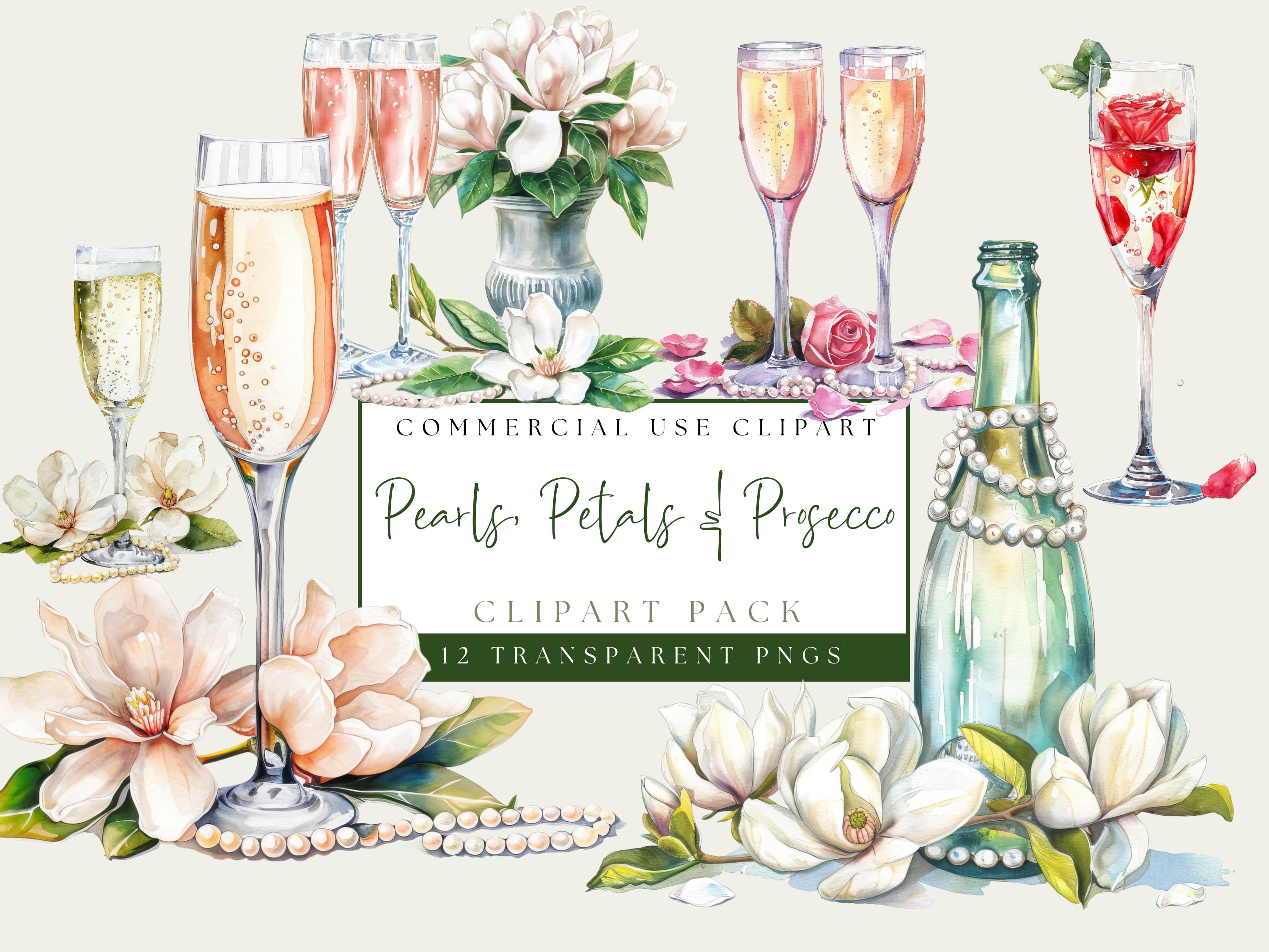 Prosecco Pearls and Petals Clipart. Champagne Flute Graphics. Card ...