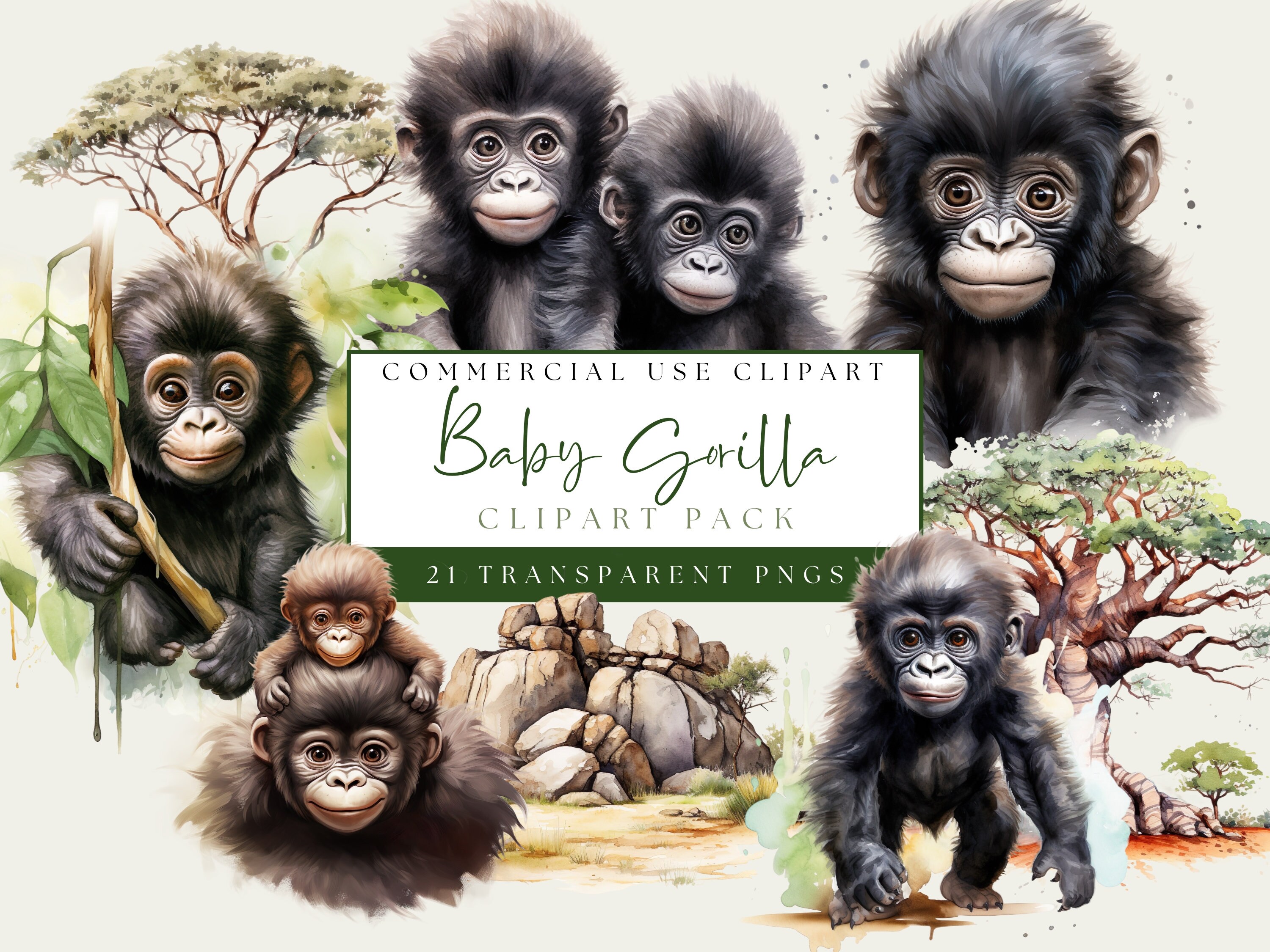 Baby Gorilla Watercolor Clipart. Commercial Use. Transparent Pngs ...