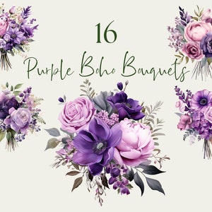 Purple Boho Bouquet Clipart. Watercolor Florals. Bohemian Lilac Flowers ...