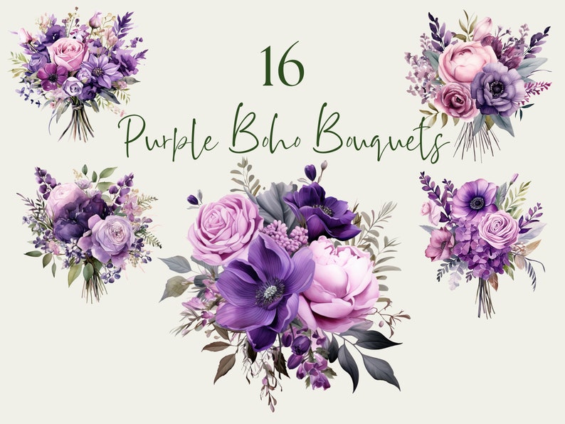 Purple Boho Bouquet Clipart. Watercolor Florals. Bohemian Lilac Flowers ...