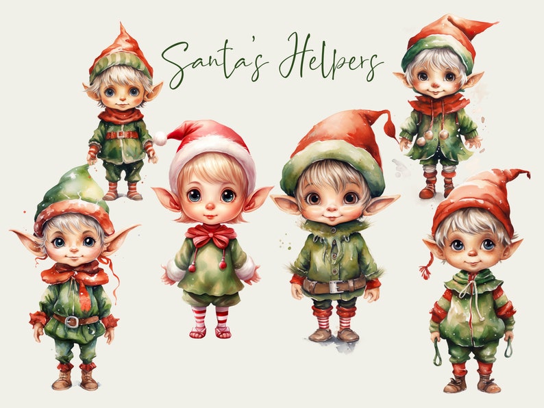 Christmas Elves Clip Art. Watercolor Santa's Helpers Xmas PNG. Holiday ...