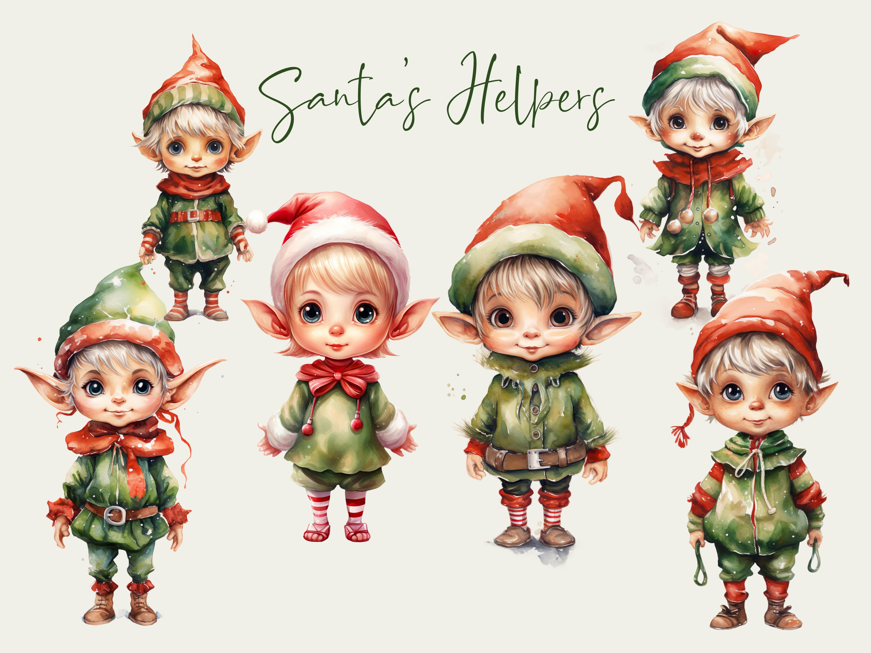 Christmas Elves Clip Art. Watercolor Santa's Helpers Xmas PNG. Holiday ...