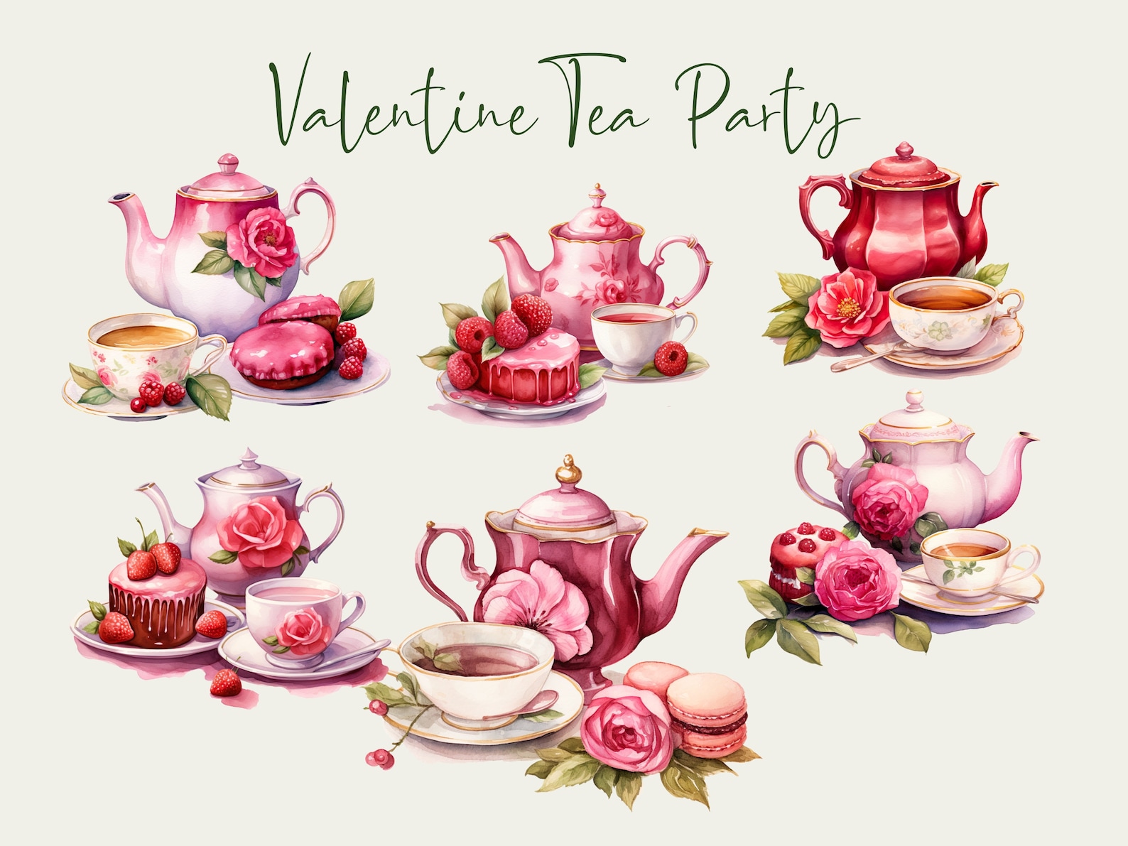 Valentine Tea Party Clip Art. Heart & Flowers Tea Cup Bundle. Love Tea ...