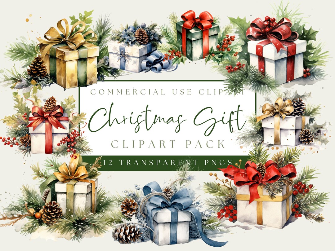 Christmas Gift Box Clipart. Watercolor Christmas Present PNG. Holiday ...