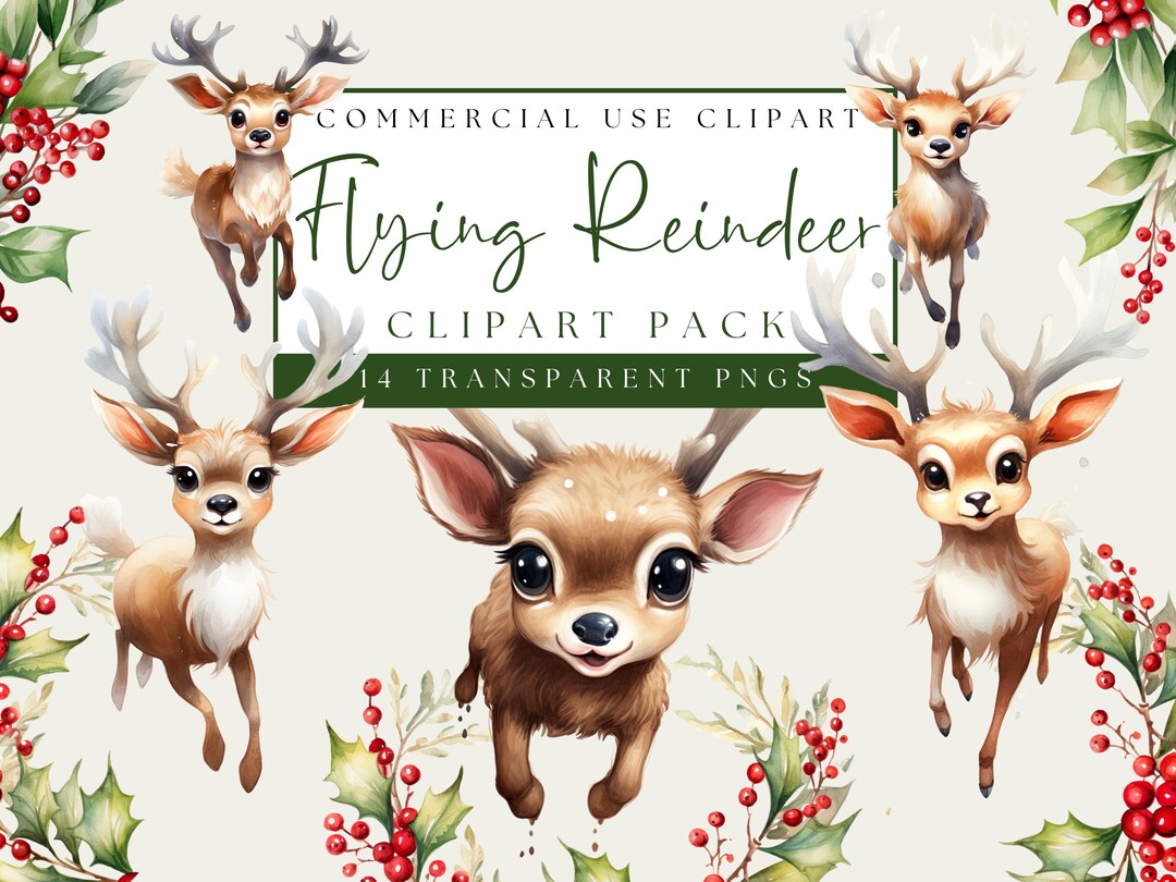 Flying Reindeer Christmas Clip Art. Watercolor PNG Bundle. Commercial ...