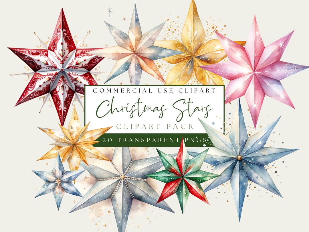 Watercolor Christmas Stars Clip Art. Festive Xmas Star PNG. Holiday ...