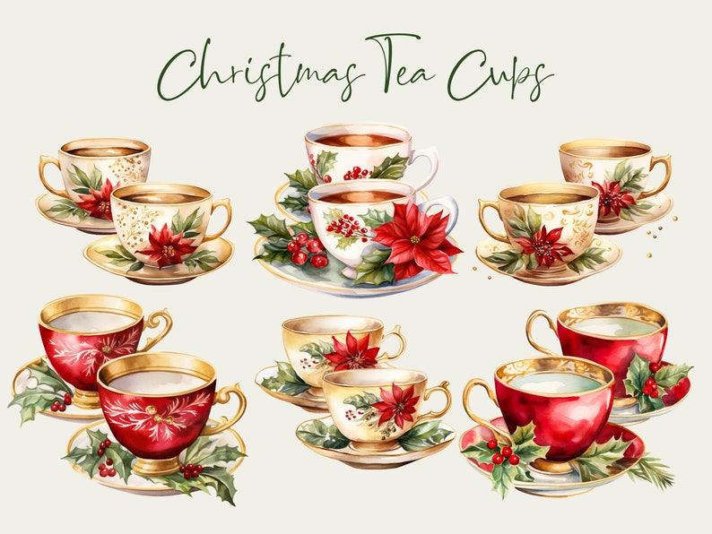 Christmas Tea Party Clip Art. Winter Holiday Tea Cups. Xmas Tea Pot PNG ...