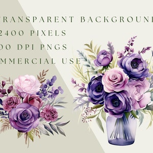 Purple Boho Bouquet Clipart. Watercolor Florals. Bohemian Lilac Flowers ...