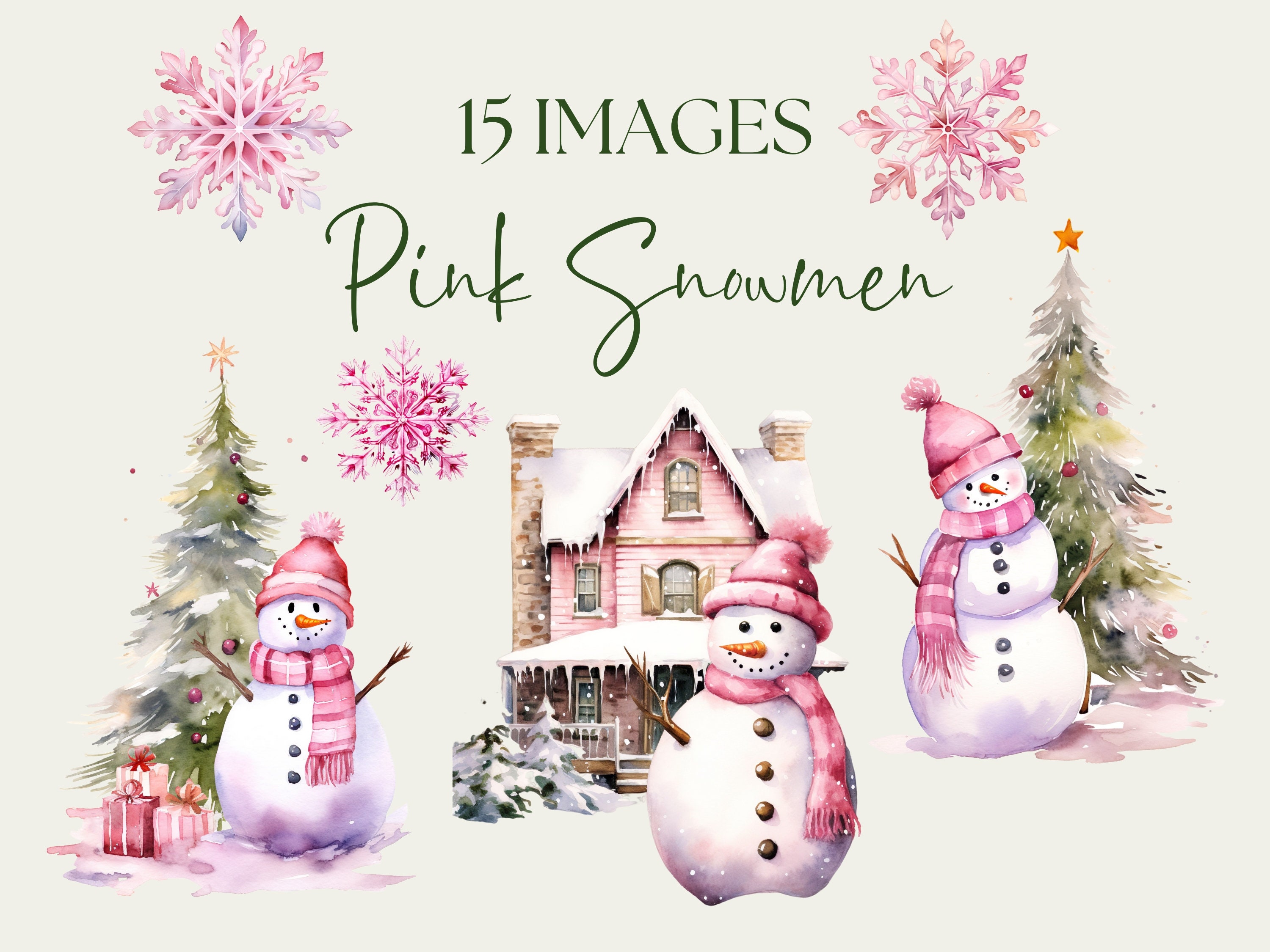 Pink Snowman Clip Art. Pink Watercolor PNG Bundle. Holiday Designs ...